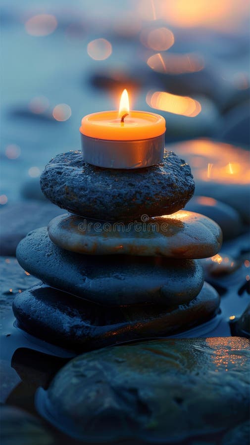 Candle on Stacked Stones at Dusk, Peaceful Zen Concept Stock Photo ...