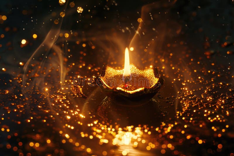A Candle with a Warm Glow and Gold Sparkles on the Table Stock Photo ...