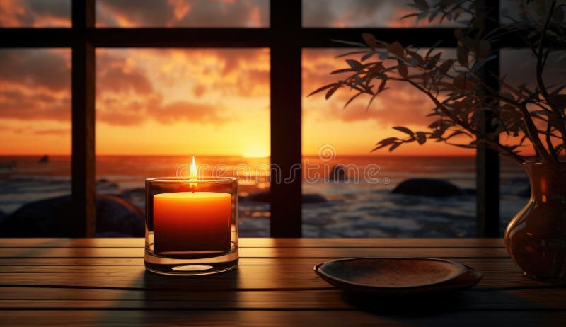 A Candle on the Windowsill Overlooks a Mountainous Sunset Stock Photo ...