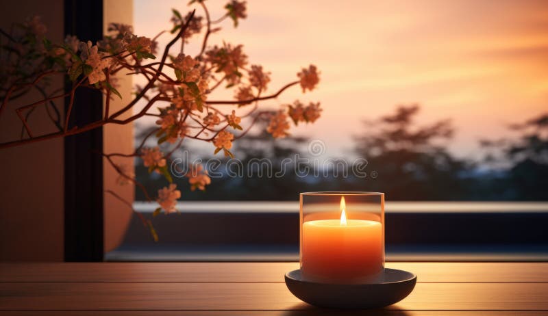 Candle on Windowsill with a Sunset Backdrop and a Blooming Tree. Stock ...