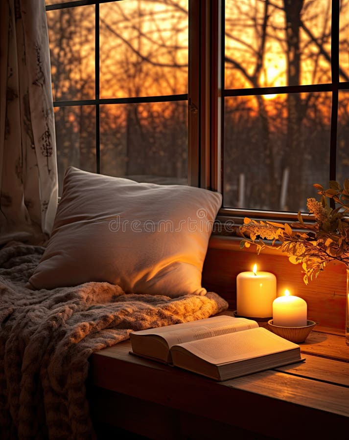 Candlelight and a Book on a Window Sill Stock Photo - Image of sofa ...