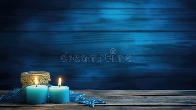 Candlelight Dinner Setting on Rustic Wooden Table Against a Serene Blue ...