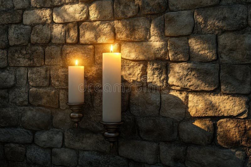 Candlelight Illuminates Rustic Stone Wall in Tranquil Setting Stock ...