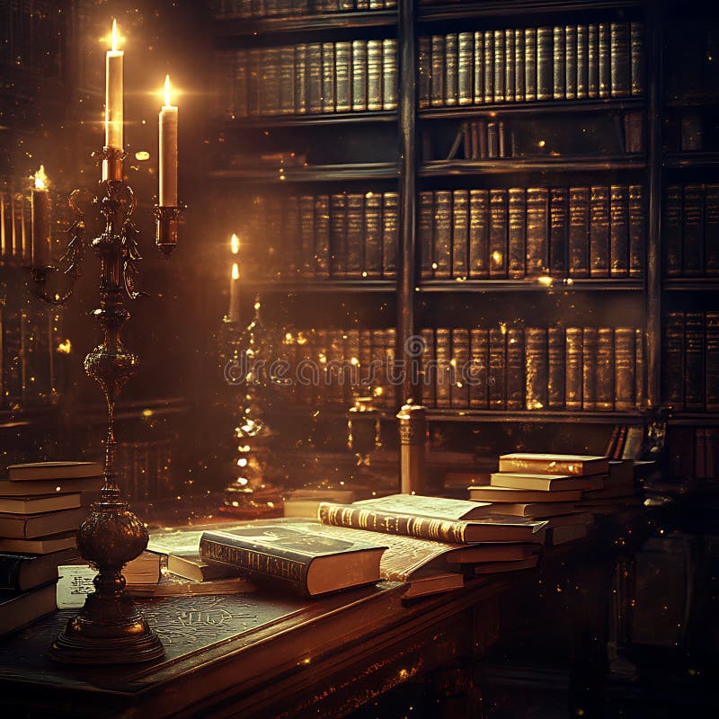 Candlelight Illuminates a Stack of Books in a Dark Library Stock ...