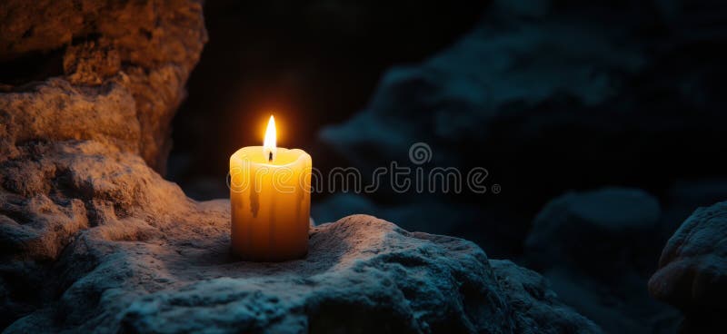 Candlelight Illuminating Rocky Surface in Dark Environment, Creating ...