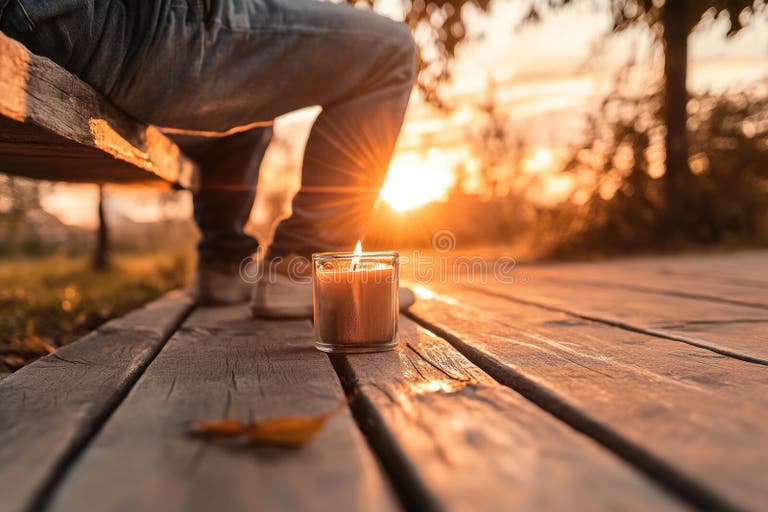Candlelight Reflection at Sunset on Rustic Wooden Deck Stock Photo ...