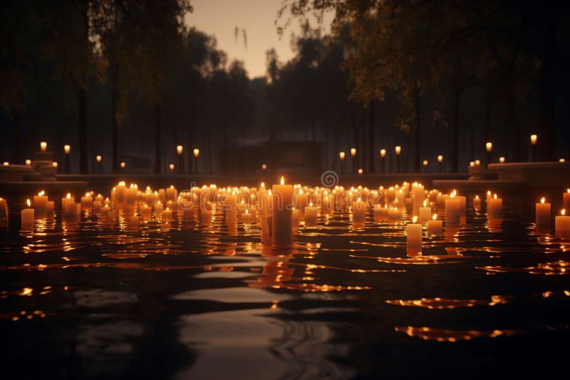 Candlelight Reflections in a Memorial Pond Stock Illustration ...
