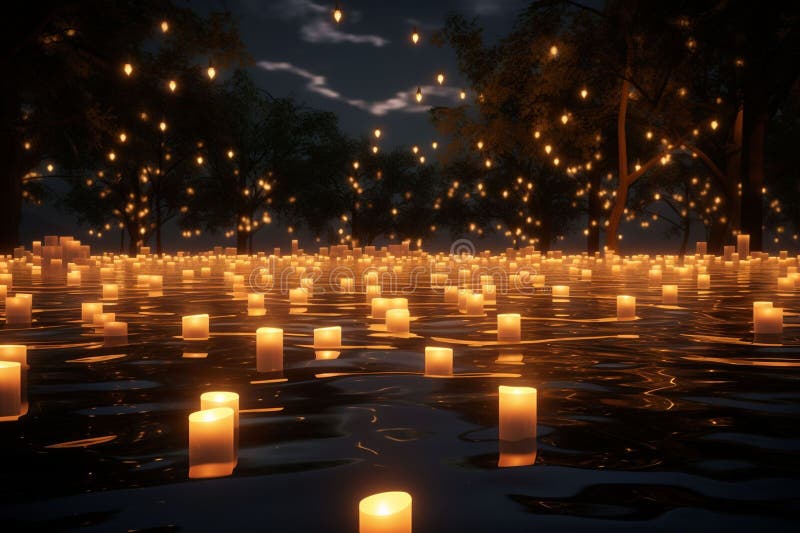 Candlelight Reflections in a Memorial Pond Stock Illustration ...