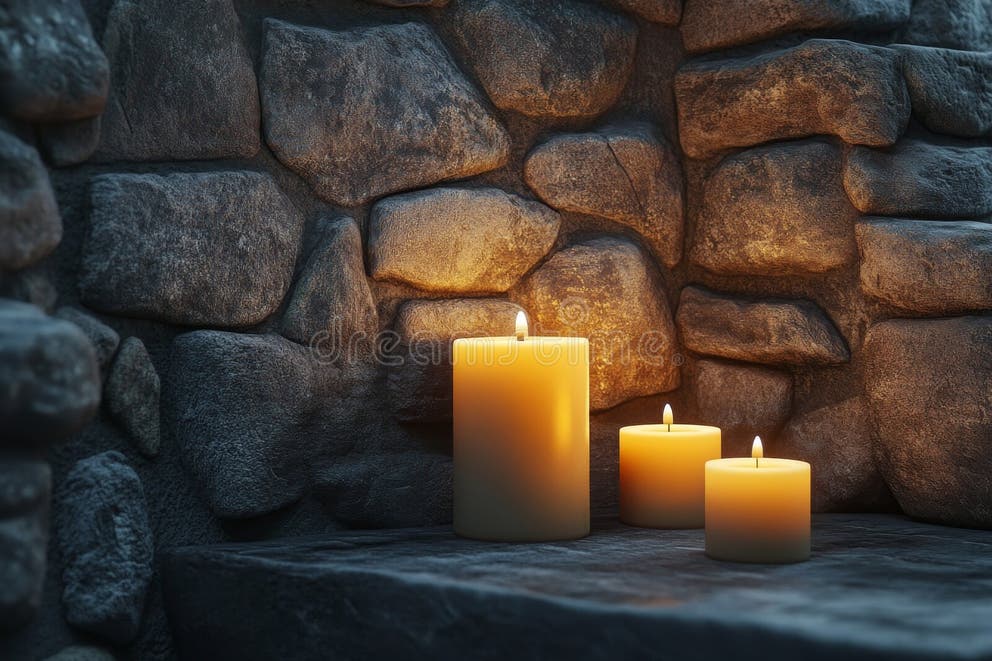 Candlelight Softly Illuminates the Rough Texture of a Stone Wall in a ...