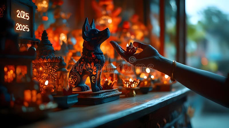 Candlelit Anubis Statue with Hand Holding a Candle Stock Image - Image ...