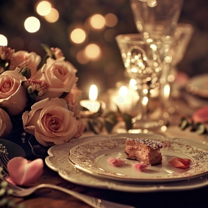 Candlelit Dinner with Roses, Hearts, and Soft Textures Stock Photo ...