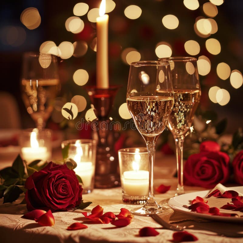 Candlelit Dinner with Roses, Hearts, and Soft Textures Stock Image ...