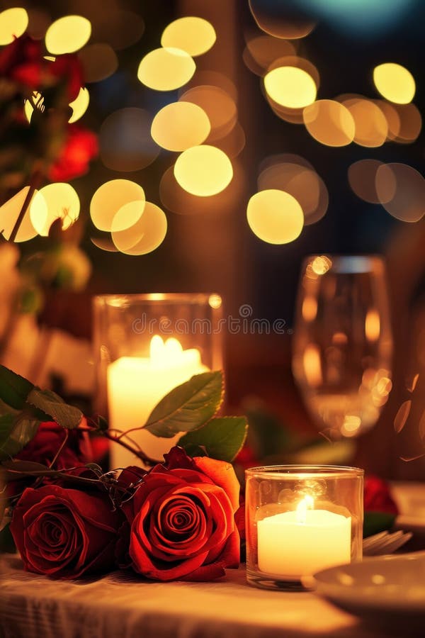 Candlelit Dinner with Roses, Hearts, and Soft Textures Stock Image ...