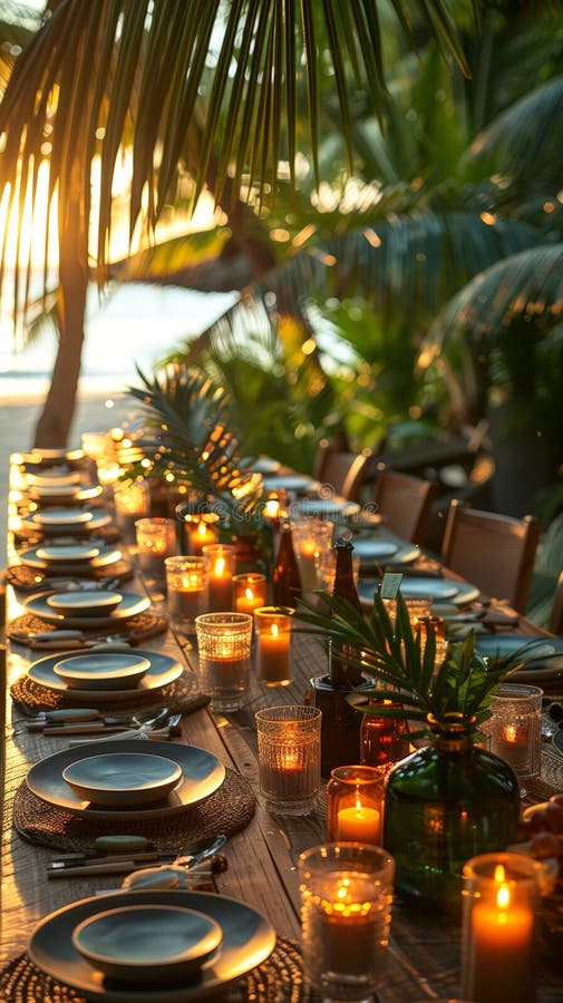 Candlelit Dinner Setting on a Tropical Beach at Sunset, Ideal for ...
