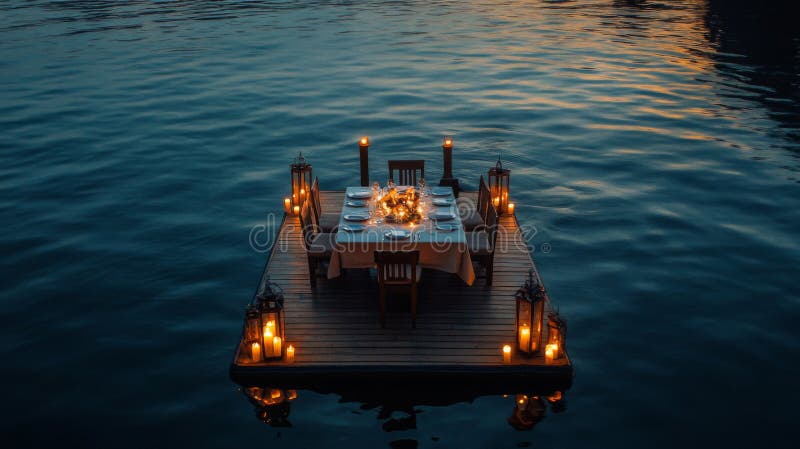 Candlelit Dinner Table on a Floating Dock at Dusk Stock Illustration ...