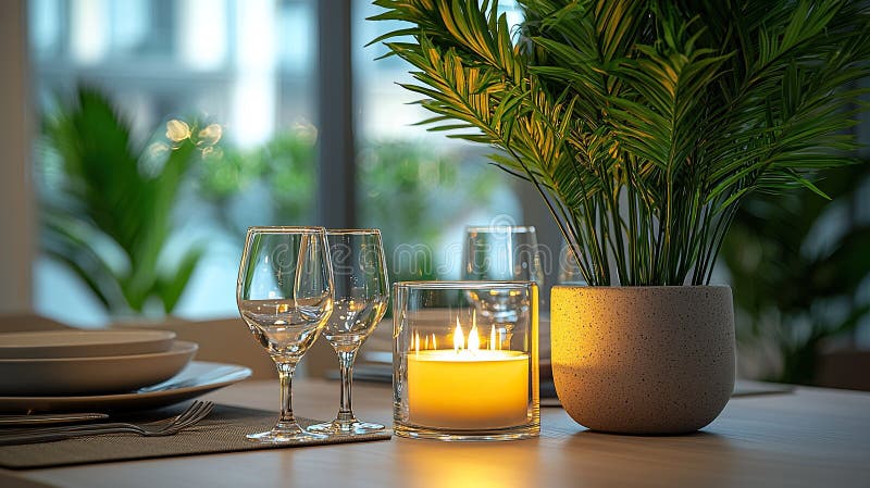 Candlelit Dinner Table Setting by Window with City View Stock Photo ...
