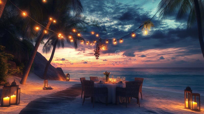 Candlelit Dinner Tropical Beach String Lights Stock Photos - Free ...