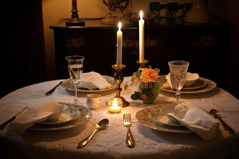 Candlelit Dinner for Two, with Fine China and Elegant Dining Setting ...