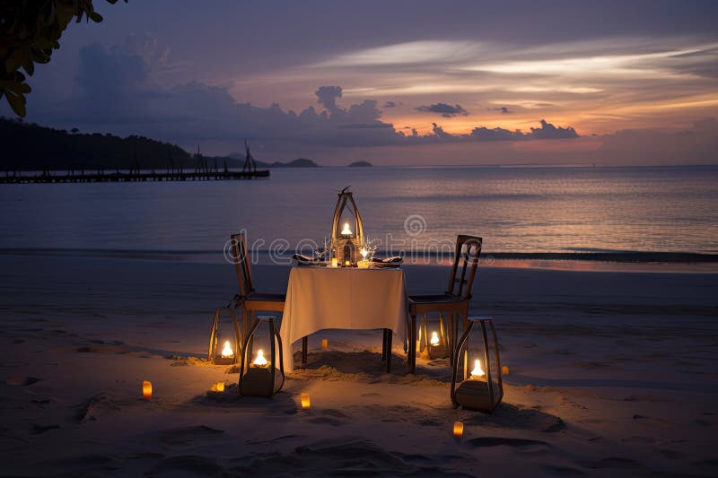 Candlelit Dinner for Two, with View of the Sunset on the Beach Stock ...