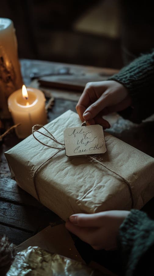 Candlelit Gift Wrapping with Handwritten Note on Rustic Table Stock ...