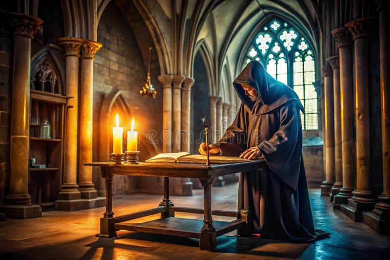 Candlelit Medieval Study with a Monk Reading a Book in a Gothic Cathedral Setting Wallpaper ...