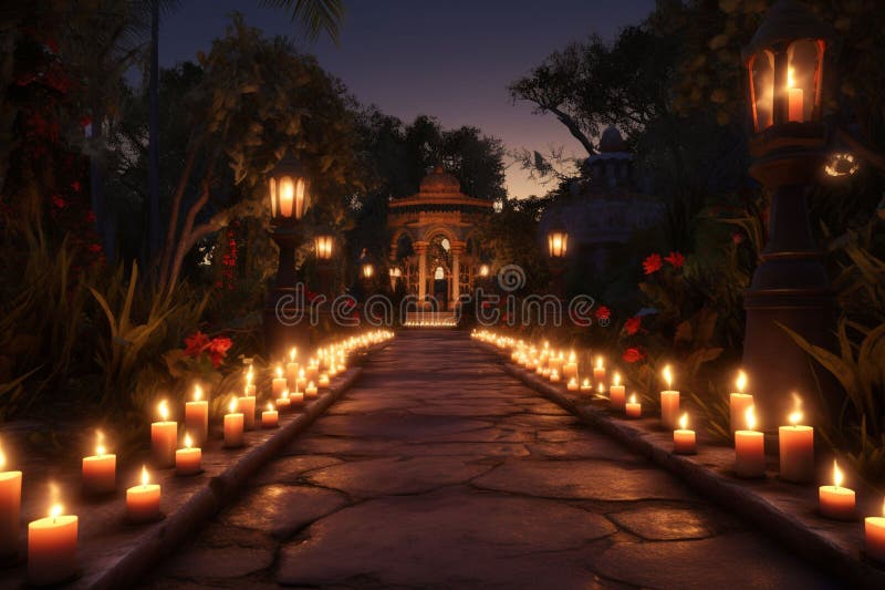Candlelit Pathway in a Cemetery for Dia De Los Stock Illustration ...