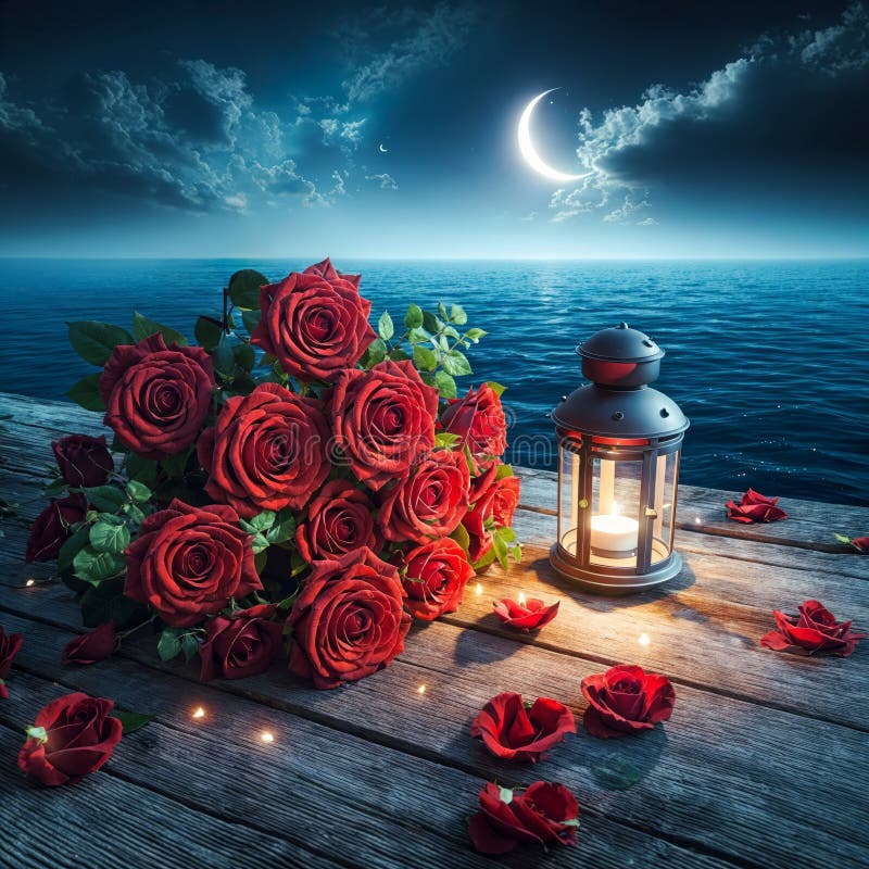 Candlelit Romance: Red Roses & Lantern Glow Under a Moonlit Sky ...