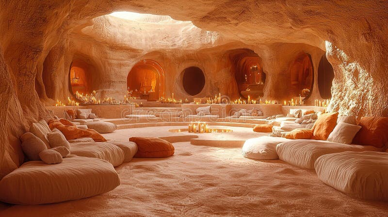 Candlelit Sanctuary Inside a Desert Cave with Sunlight Streaming in ...