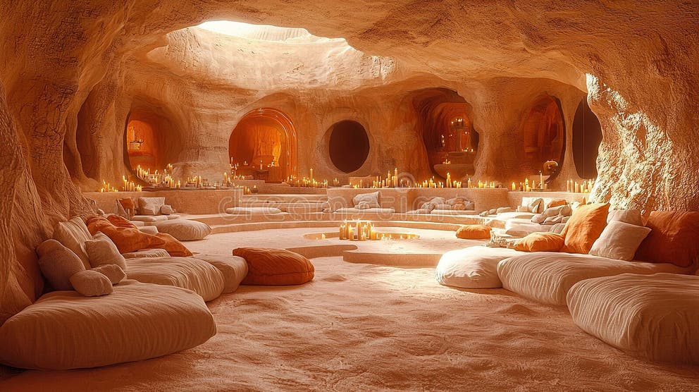 Candlelit Sanctuary Inside a Desert Cave with Sunlight Streaming in Stock Image - Image of ...