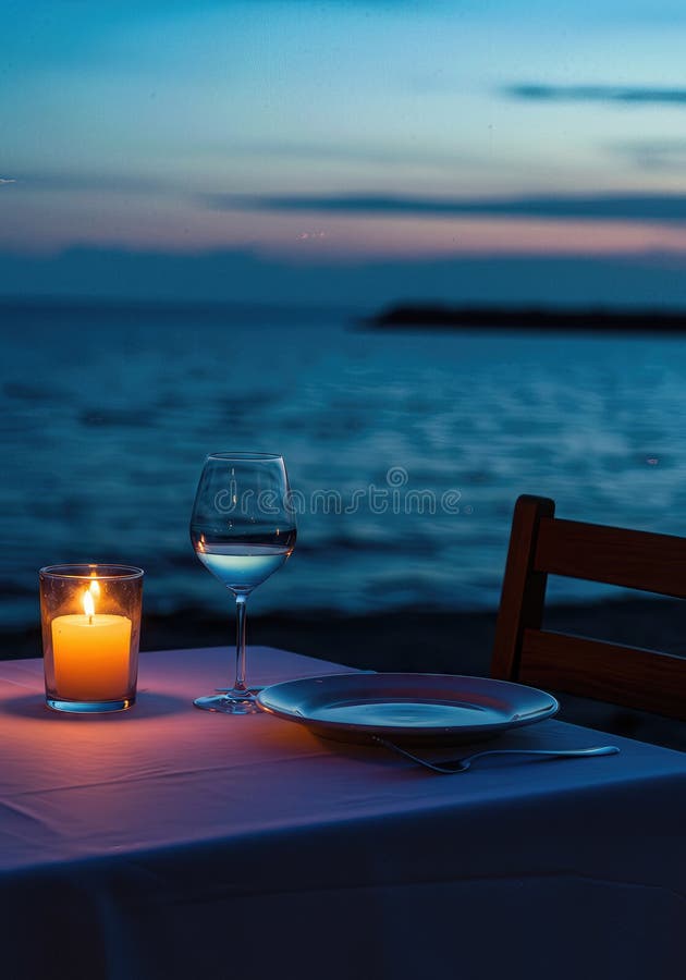 Candlelit Seaside Dinner Table for One at Twilight with Ocean Horizon ...