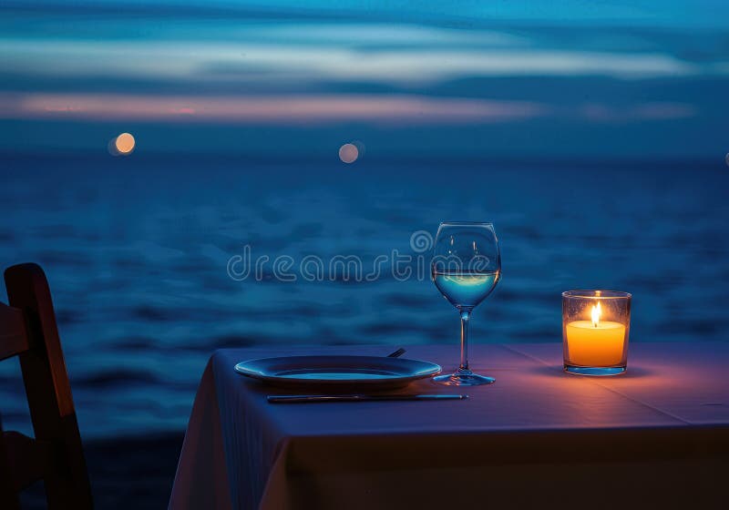 Candlelit Seaside Dinner Table for One at Twilight with Ocean Horizon ...