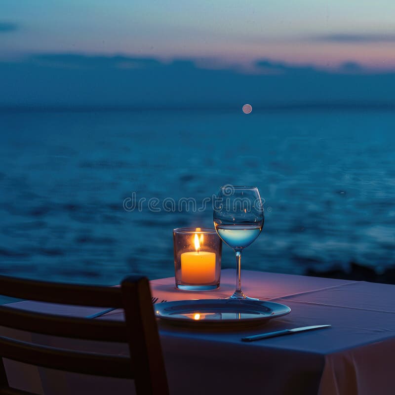 Candlelit Seaside Dinner Table for One at Twilight with Ocean Horizon ...