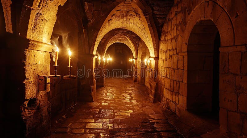 Candlelit Stone Corridor in an Ancient Building Stock Illustration ...