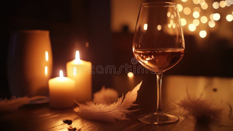 Candlelit Table with a Wine Glass and Two Candles Stock Image - Image ...