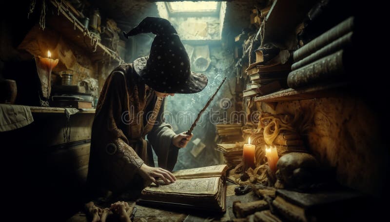 In a Candlelit Workshop Wise Wizard in a Pointed Hat Delves into an ... In a Candlelit Workshop Wise Wizard in a Pointed Hat Delves into an ...
