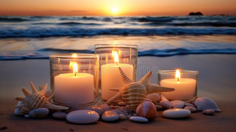 Candles on the Beach at the Sea during Sunset Stock Illustration ...