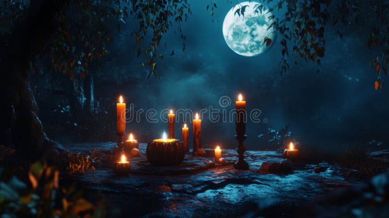 Candles Burning in a Dark Forest Under a Full Moon Stock Illustration ...