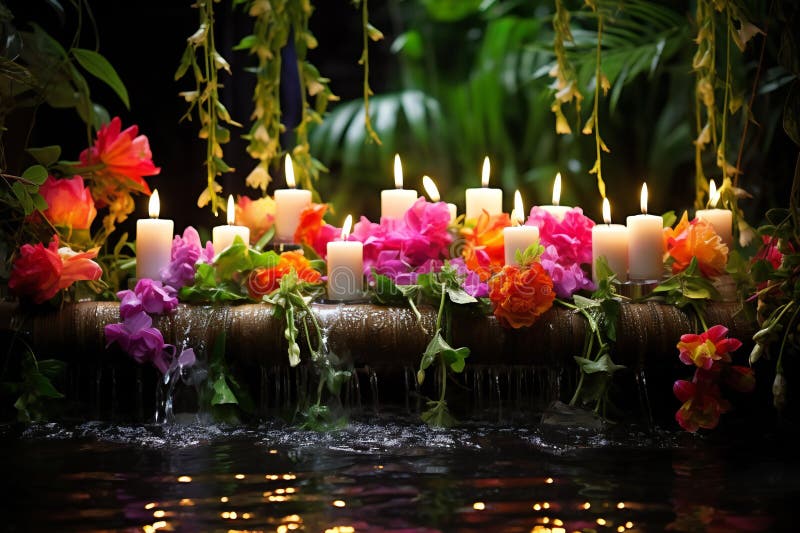 Candles and Flowers Floating in the Water with Shallow Depth of Field ...