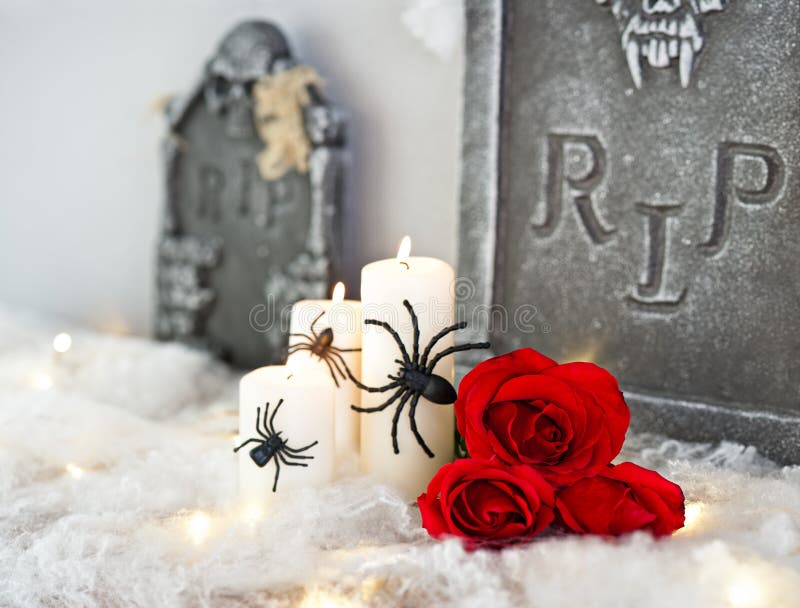 Candles in Halloween Decoration and Red Roses Stock Photo - Image of ...