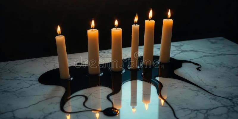 Candles Melting on a Reflective Surface with Dark Wax Creating Unique ...
