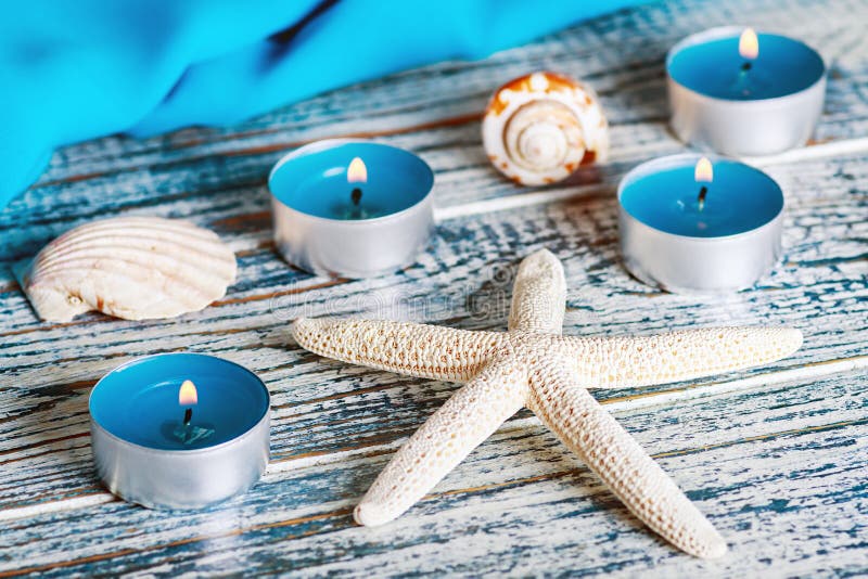 Candles Seashells on a Wooden Table Stock Image - Image of gift ...