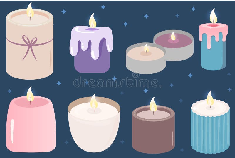 Candles Set. Different Shapes and Sizes. Pillar, Jar Candle, Square ...