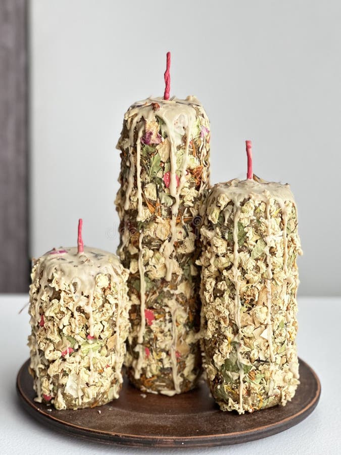 3 Candles with Small White Dried Flowers, Plate, Table, Wax Candle ...