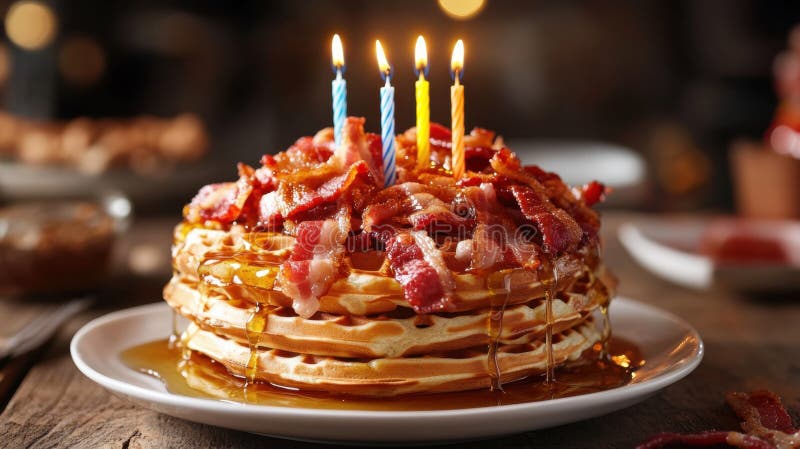 Candles on a Stack of Waffles with Bacon a Stack of Waffles Background ...
