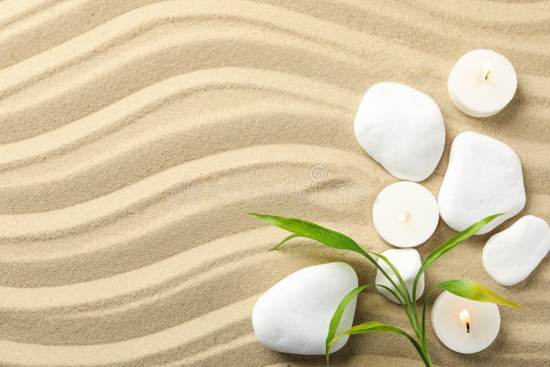 Candles and Stones on Sand Background Top View. Zen Concept Stock Photo ...