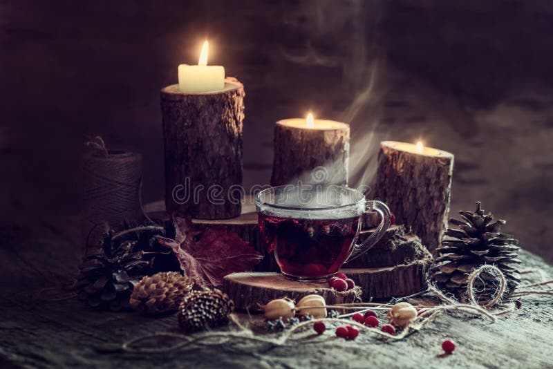 Candles and Tea. Dark Vintage Photo Stock Photo - Image of retro ...