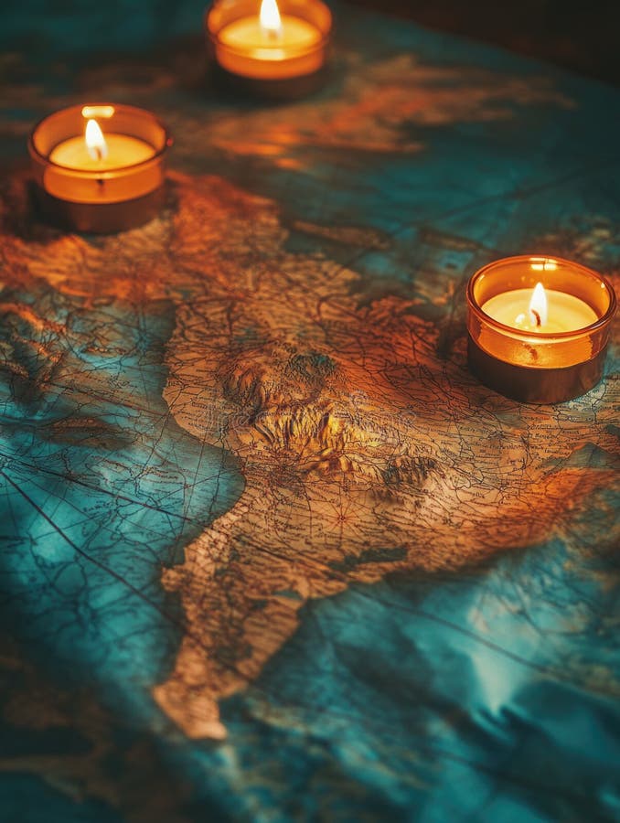 Candles on World Map stock image. Image of adventure - 380122233