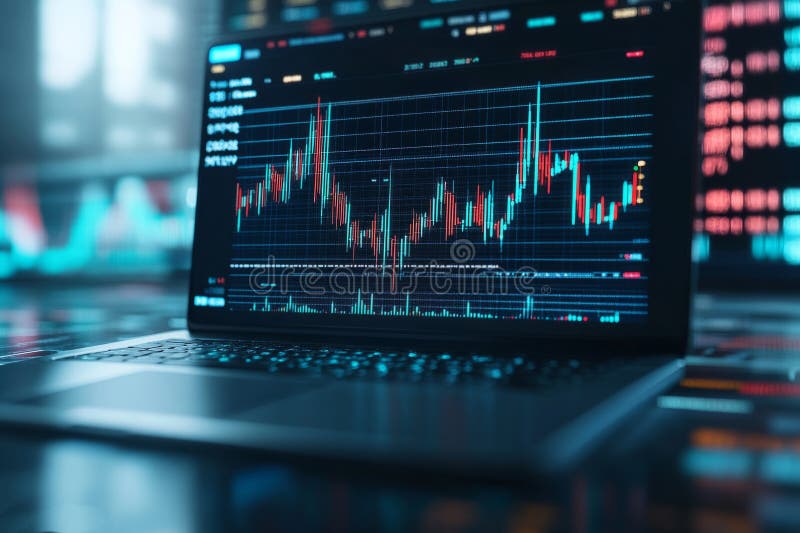 Candlestick Chart Showing Growing Trends on a Laptop Screen with Other ...