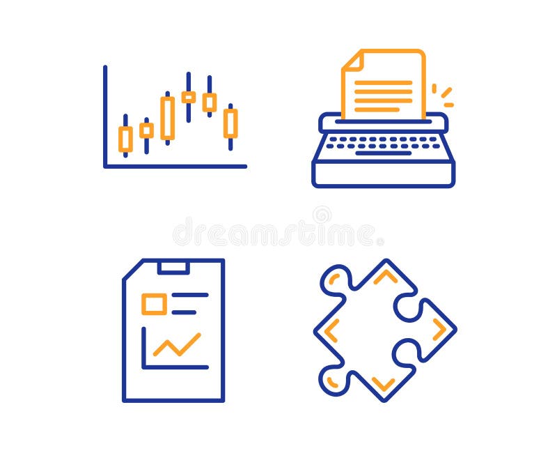 Candlestick Graph, Typewriter and Report Document Icons Set. Strategy ...