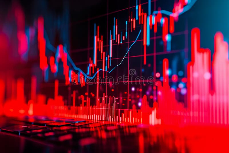 Candlestick Stock Chart with a Red Background and a Blue Line. Stock ...